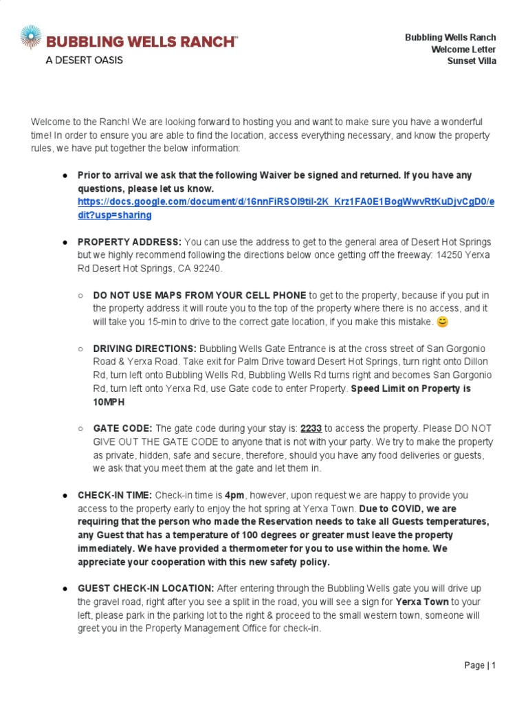 BWR - Sunset Villa Welcome Letter | PDF