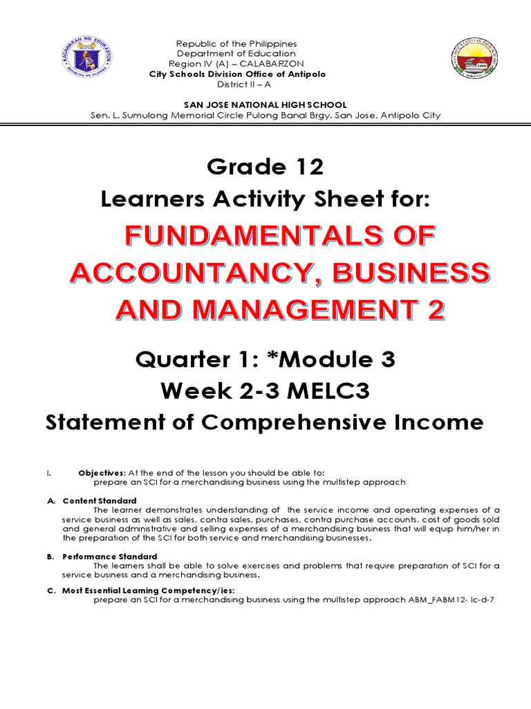 Grade 12 Learners Activity Sheet For:: Statement of Comprehensive ...