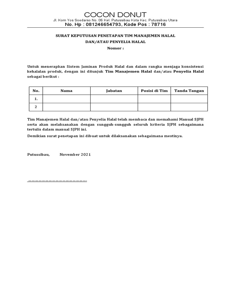Surat Keputusan Penyelia Halal Cocon Donut | PDF