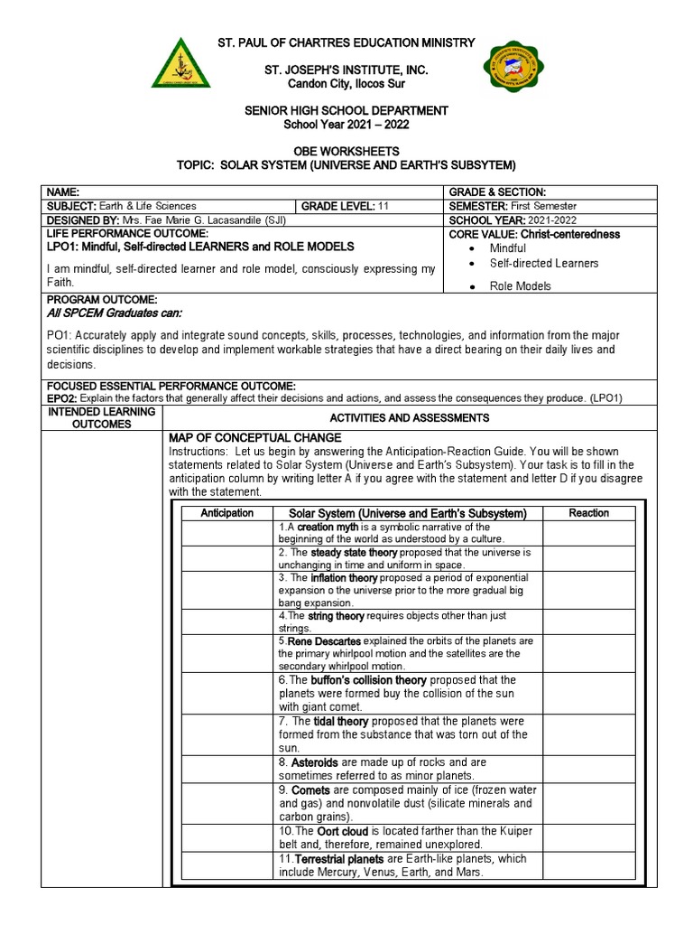 Earth& Life Science Worksheet#1 | PDF | Atmosphere | Earth
