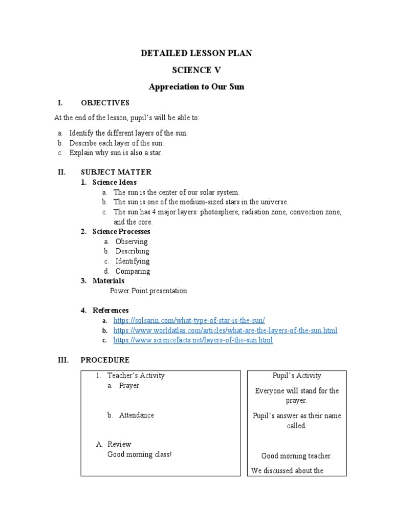 2 Detailed Lesson Plan Appreciation To Our Sun DLP | PDF | Sun | Stars
