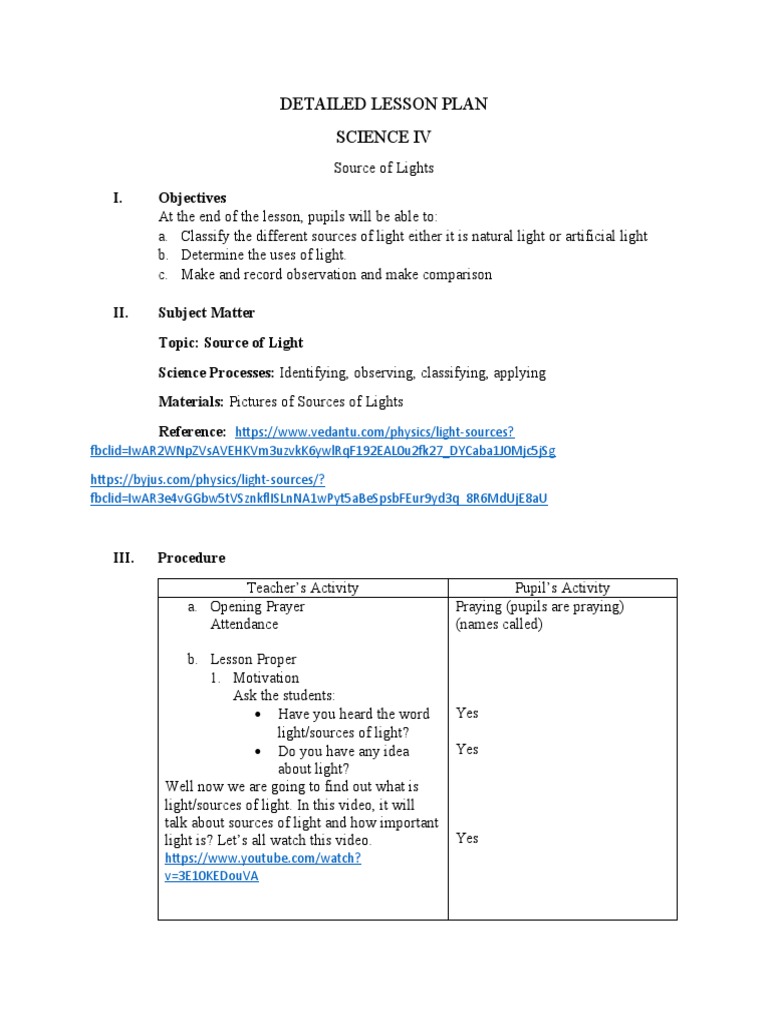 3 Detailed Lesson Plan Source of Lights | PDF | Light | Lighting