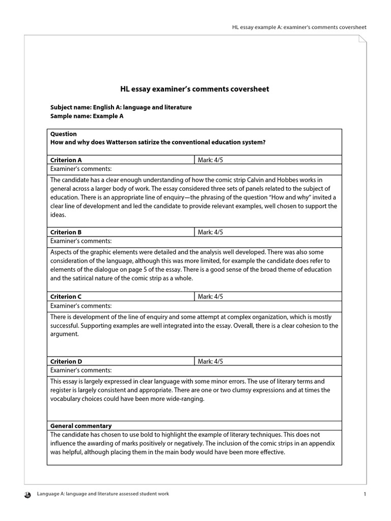 HL Essay Cover Sheet and Examiner Remarks Comic Strips Non Literary ...