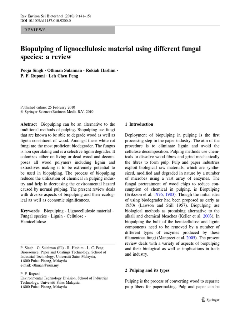 Biopulping of Lignocellulosic Material Using Different Fungal Species ...