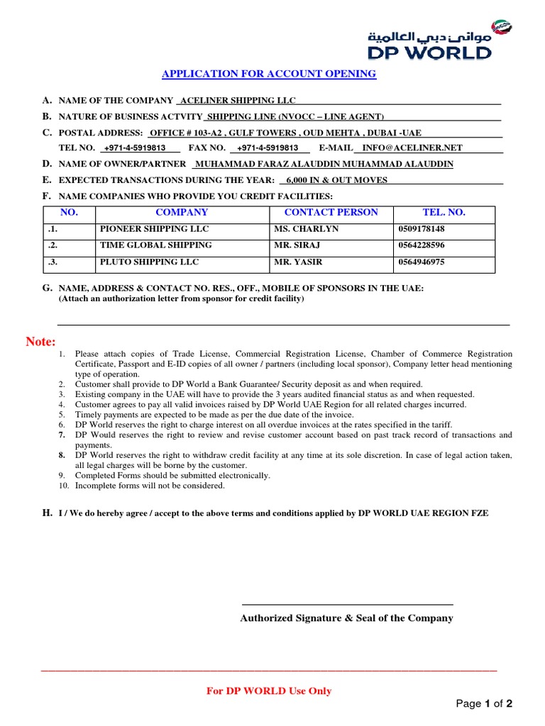 DP World Account Opening Application | PDF | Finance & Money Management ...