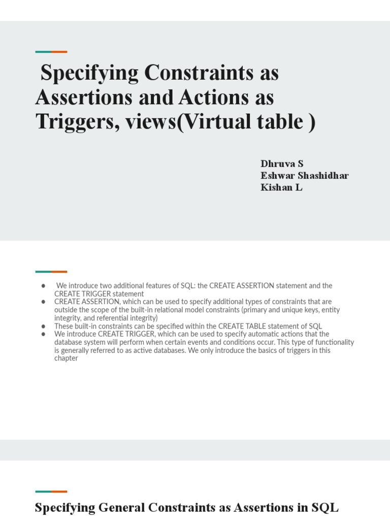 Specifying General Constraints and Triggers in SQL: An Introduction to Assertions, Triggers, and ...