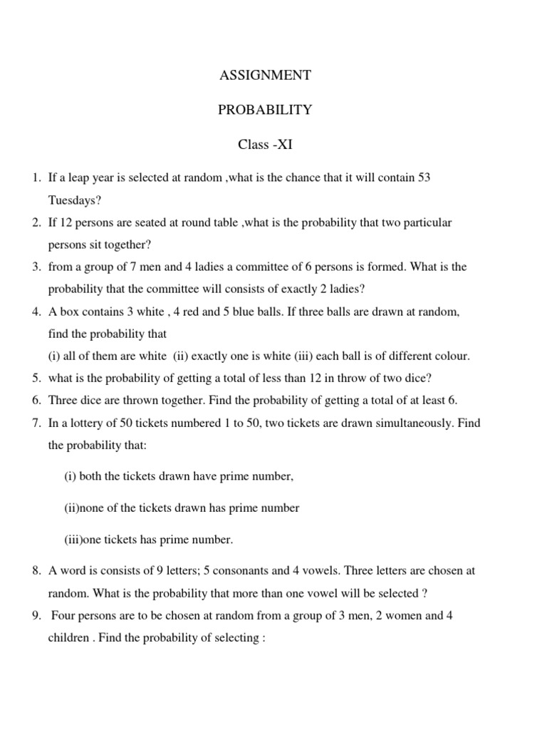 Assignment Probability Class - XI | PDF | Probability | Languages