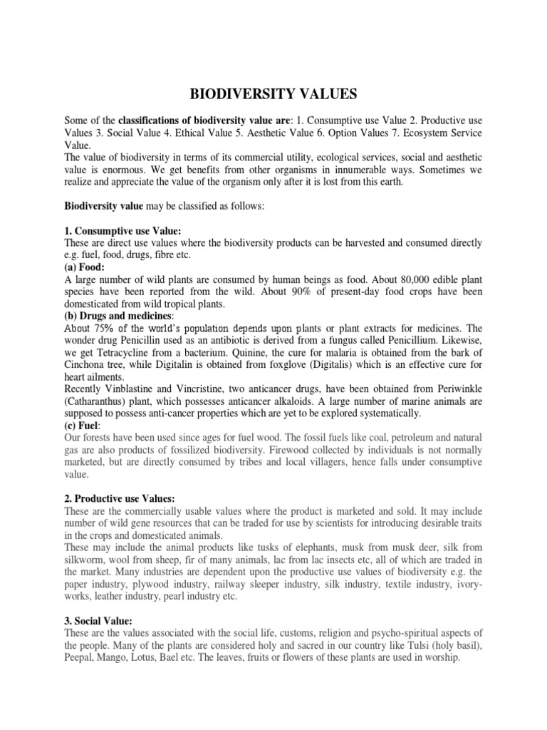 Biodiversity Values: Biodiversity Value May Be Classified As Follows: 1 ...