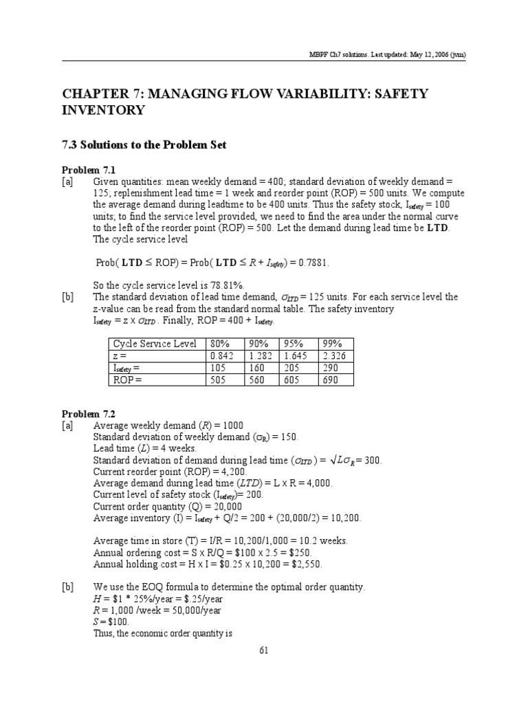 Chapter 7: Managing Flow Variability: Safety Inventory: 7.3 Solutions To The Problem Set | PDF ...