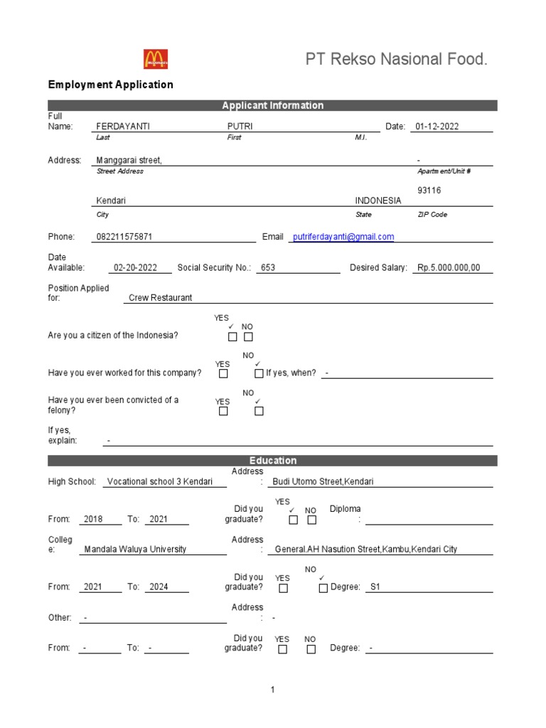 Employment Application Putri | PDF | Military Discharge