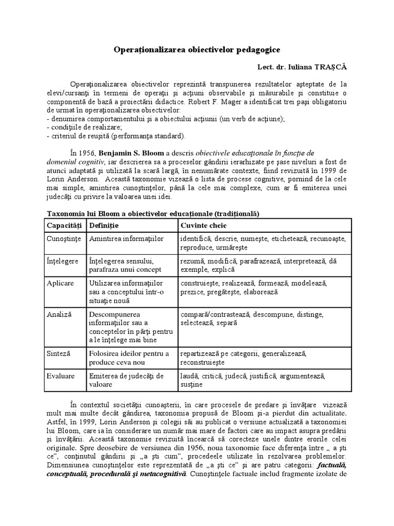 Operationalizarea Obiectivelor | PDF