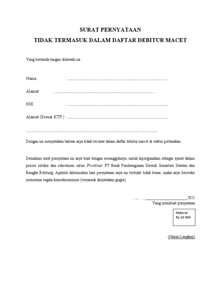 Surat Pernyataan Debitur Bank | PDF