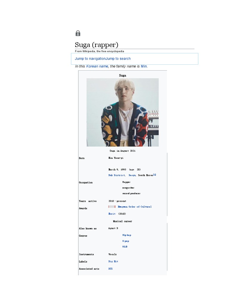 Suga (Rapper) : Jump To Navigationjump To Search Min | PDF