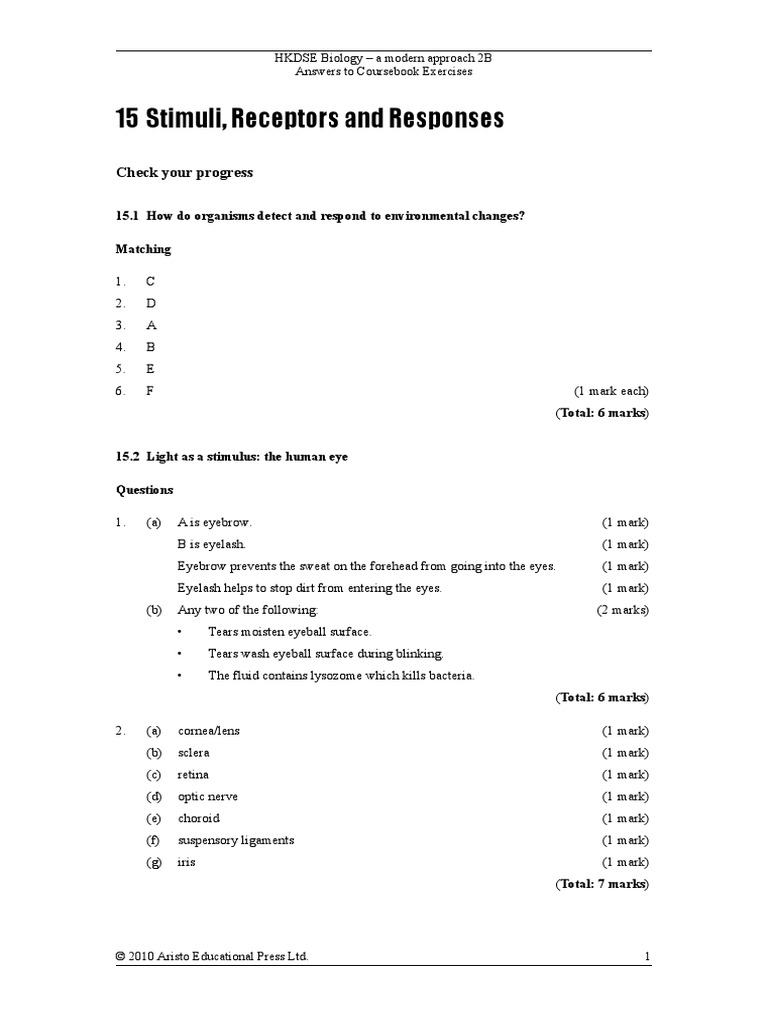 15 Stimuli, Receptors and Responses: Check Your Progress | PDF | Eye ...
