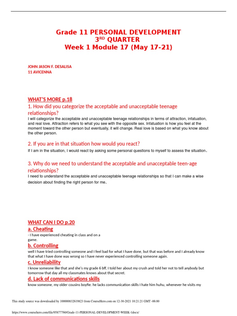 Grade 11 PERSONAL DEVELOPMENT WEEK 1 | PDF | Psychological Concepts | Human Nature