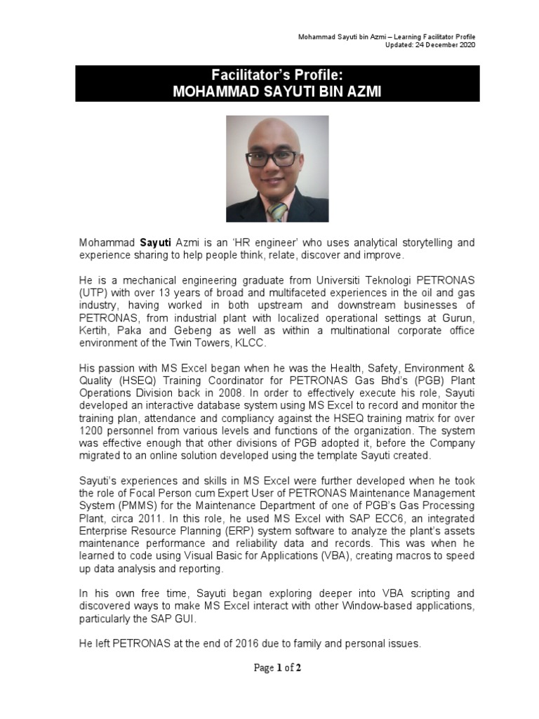 Facilitator's Profile: Mohammad Sayuti Bin Azmi | PDF | Microsoft Excel | Visual Basic For ...