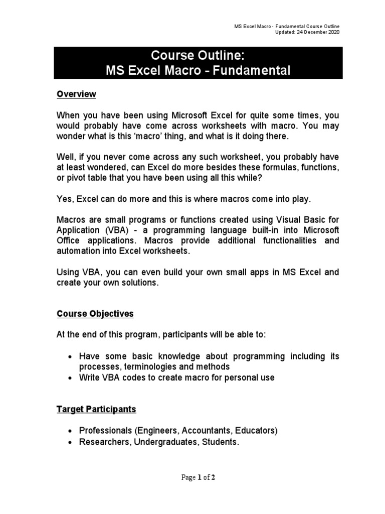 Course Outline - Excel Macro Fundamental 201224 | Download Free PDF | Microsoft Excel | Visual ...