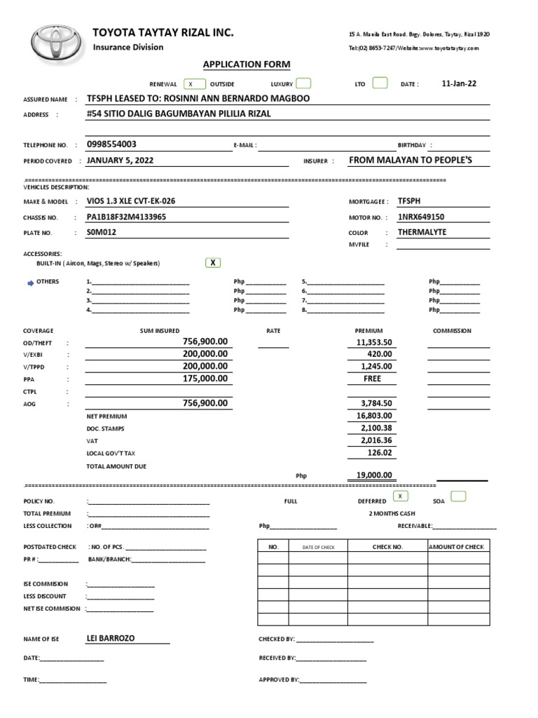 TFSPH Leased To Rosinni Ann Bernardo Magboo-Appli | PDF | Insurance ...