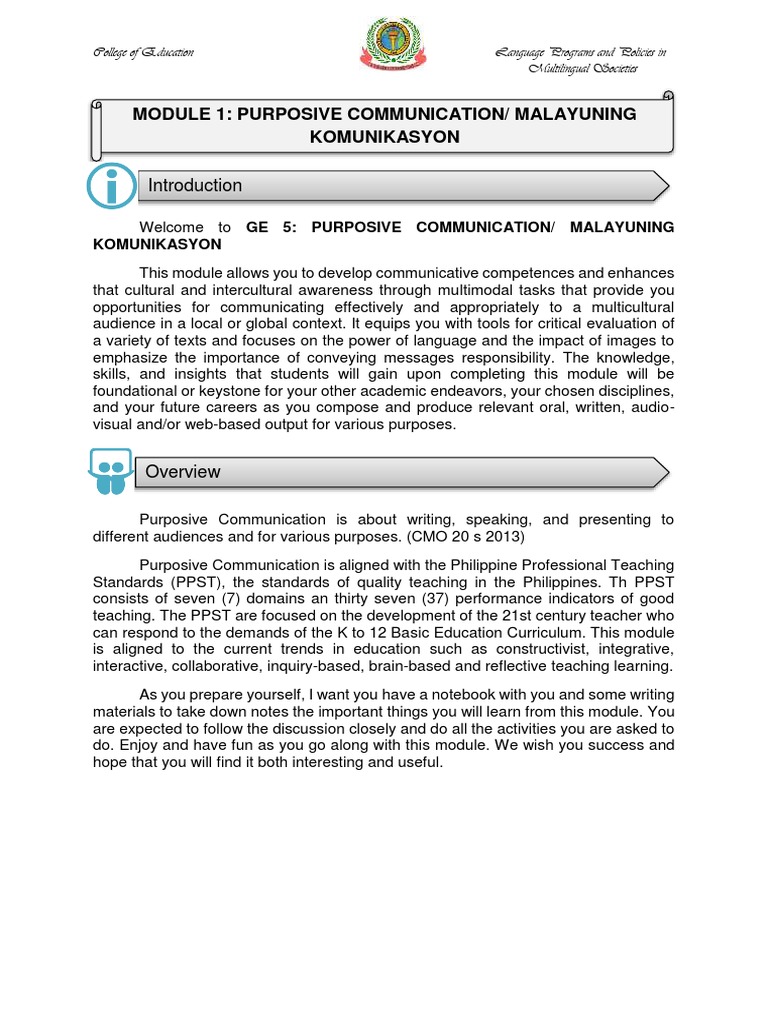 Module 1 Purposive Communication Malayuning Komunikasyon | PDF | Communication | Cross Cultural ...