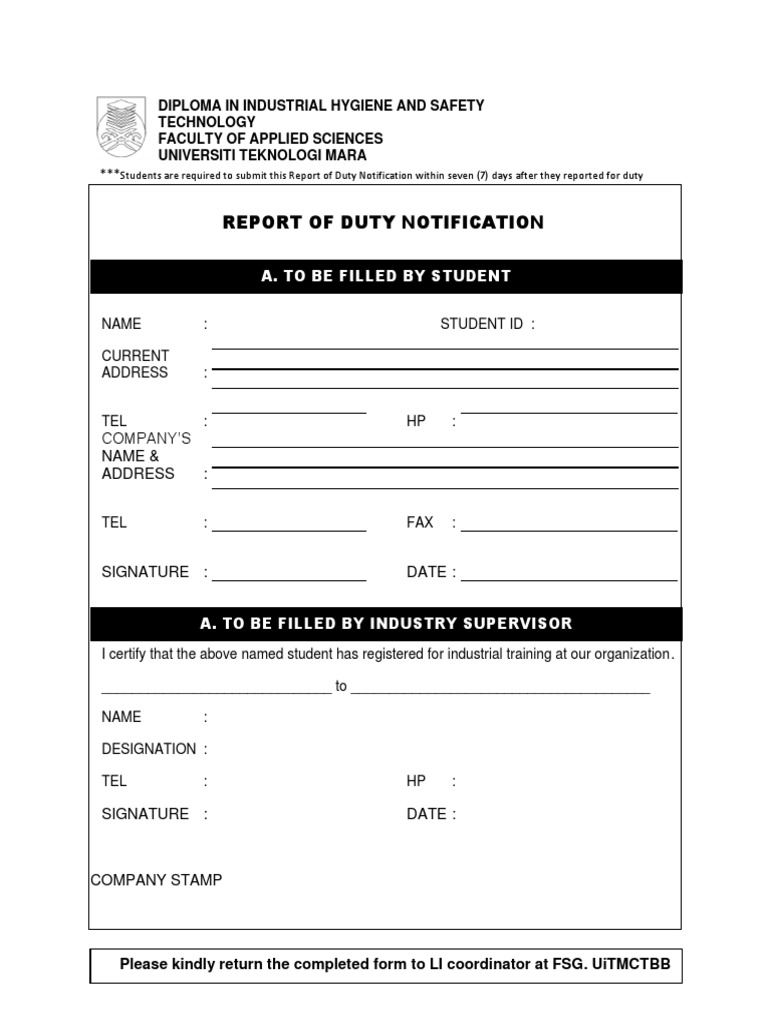 Report of Duty Notification: A. To Be Filled by Student | PDF