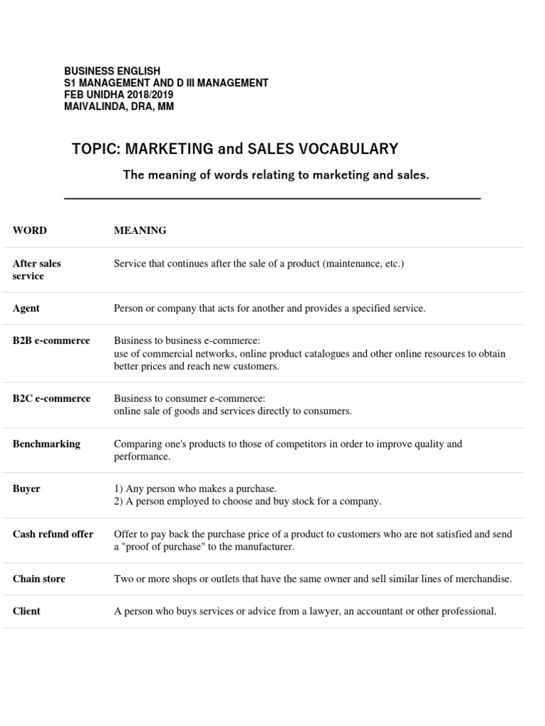 Topic: Marketing and Sales Vocabulary | PDF | Retail | Sales