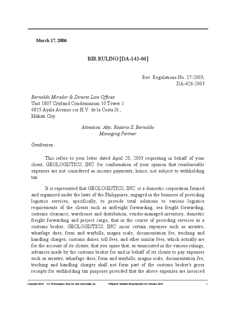 BIR Ruling DA-143-06 | PDF | Payments | Invoice