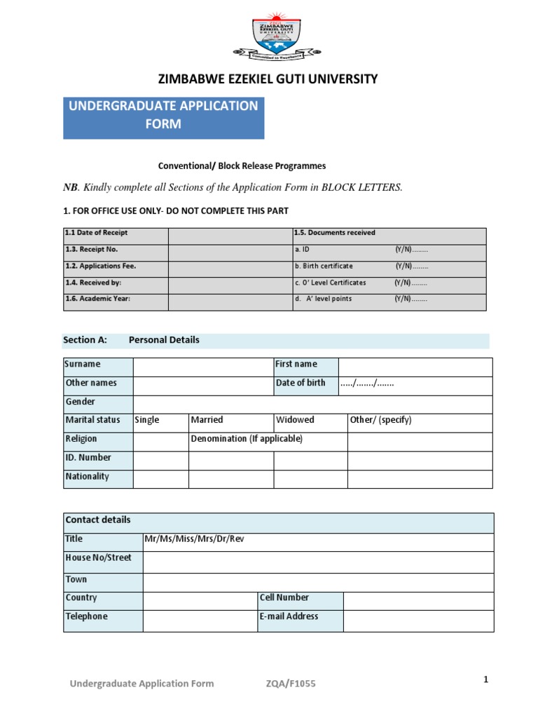 Undergraduate Application Form: Zimbabwe Ezekiel Guti University | PDF ...