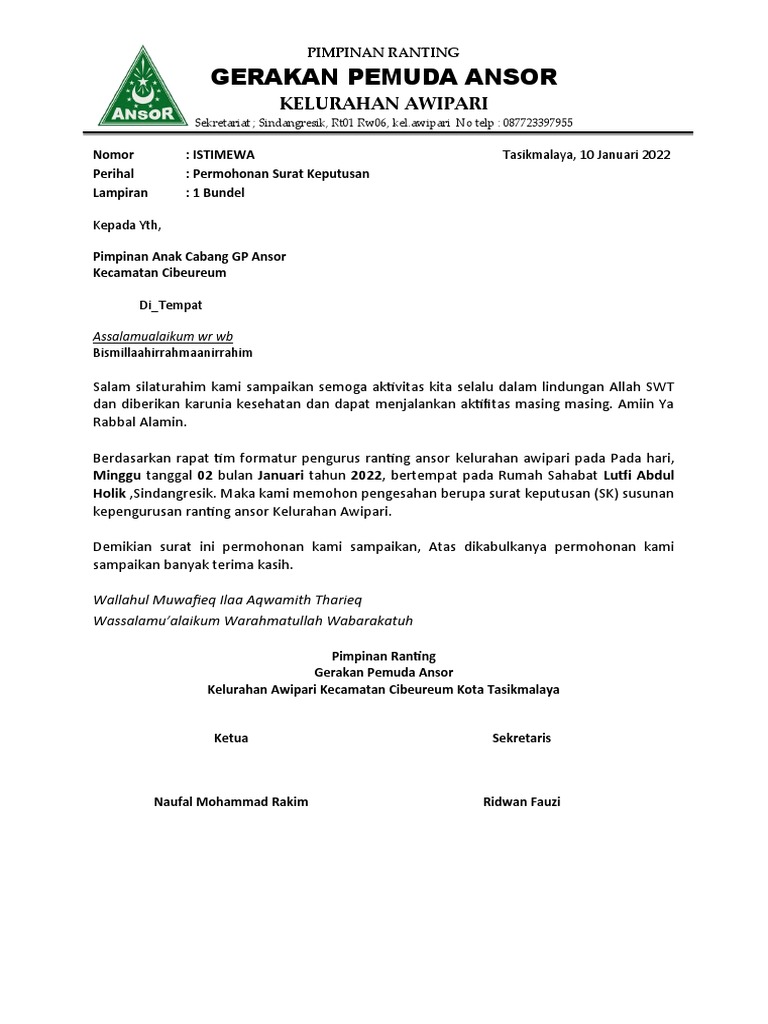 Format Pengajuan SK Ansor Awipari | PDF