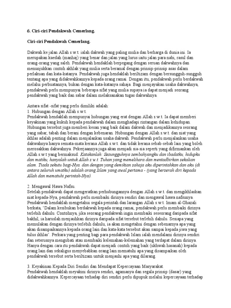 Ciri Pendakwah Cemerlang dan Sifatnya | PDF