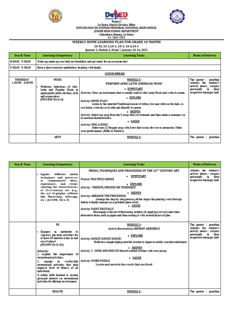 Weekly Home Learning Plan For Grade 10 Mapeh: Don Eulogio de Guzman ...