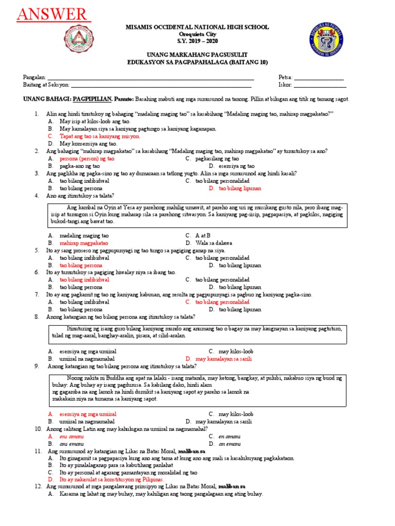 Esp 10 First Quarter Exam 1 | PDF