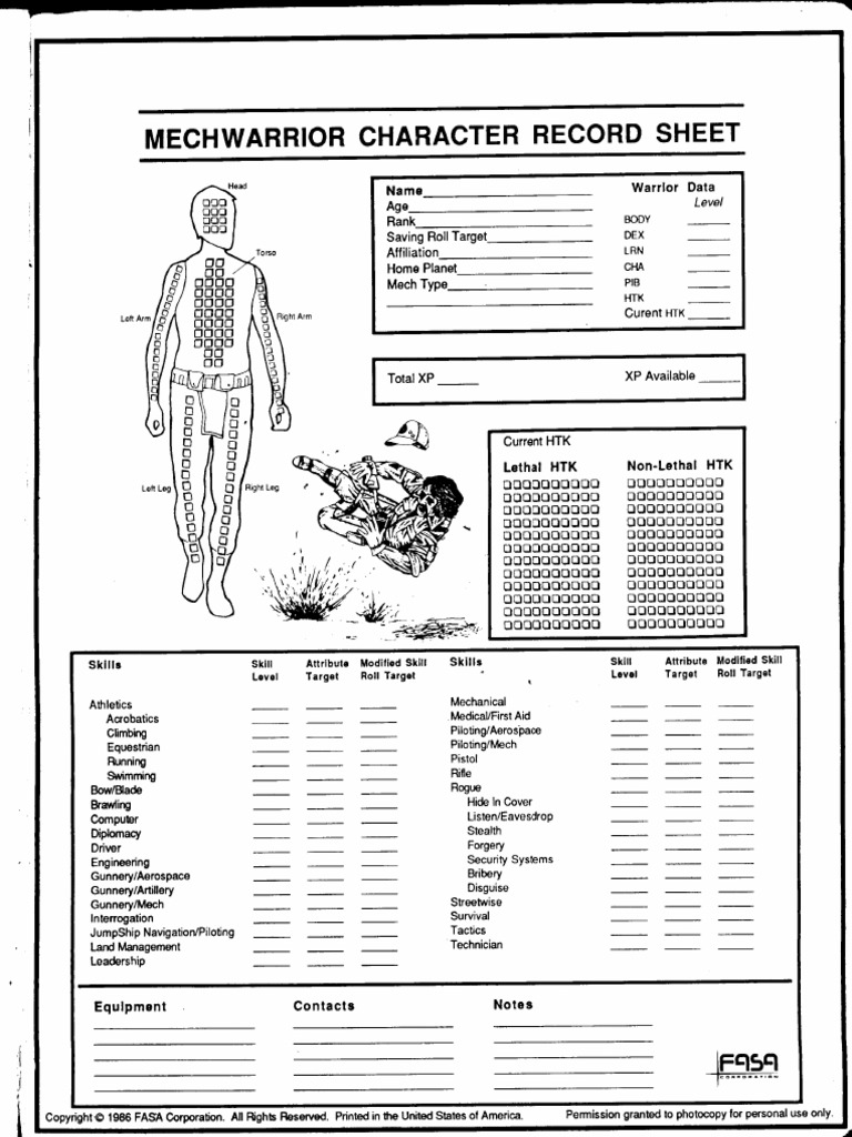 Mechwarrior Character Record Sheet | PDF