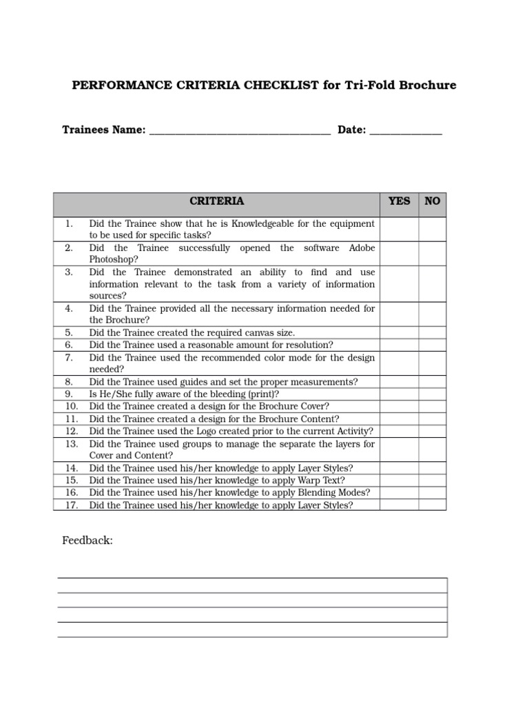 Performance Criteria Checklist For Tri-Fold Brochure | PDF