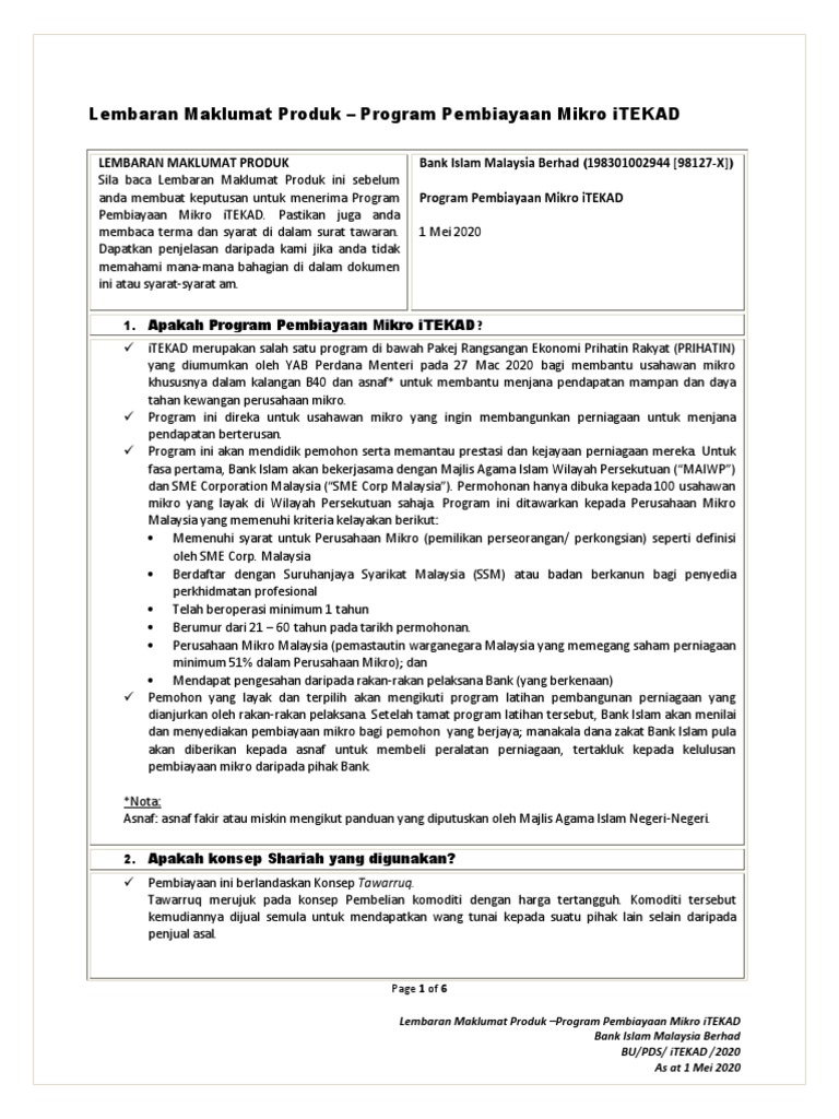 Lembaran Maklumat Produk - Program Pembiayaan Mikro iTEKAD 1 | PDF