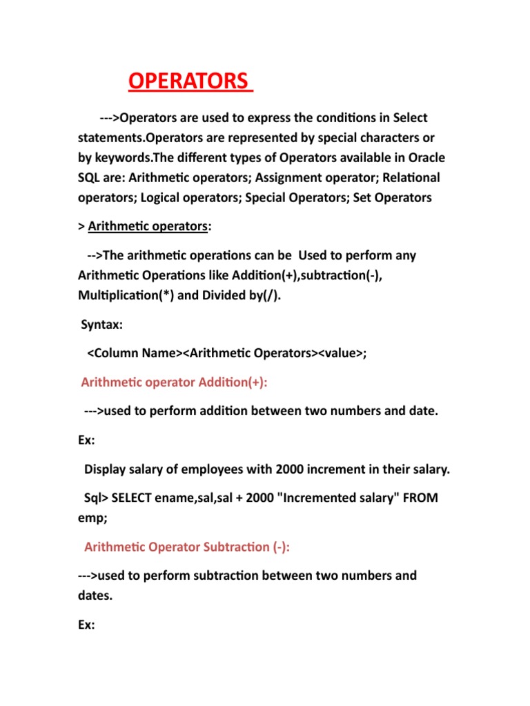 Operators in Oracle | PDF | Inequality (Mathematics) | Arithmetic