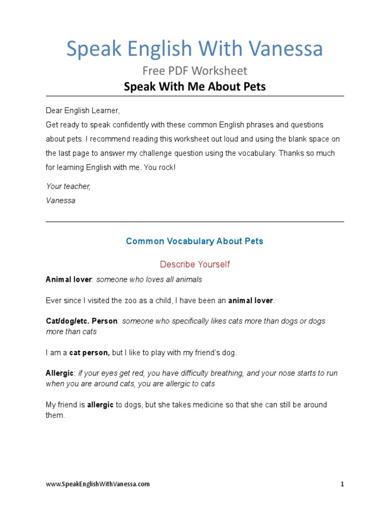 Speak English About Pets Worksheet | PDF | Pet | Dogs