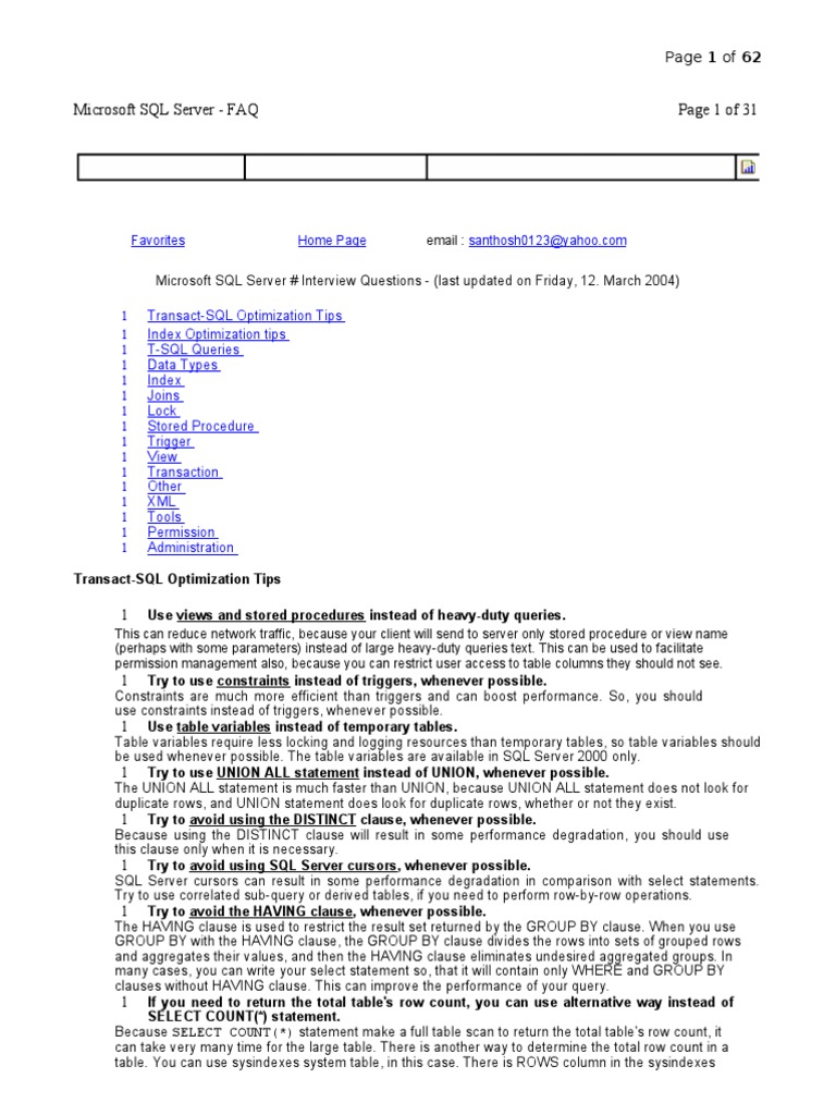 SQL Server 2000 Faqs | PDF | Database Index | Microsoft Sql Server