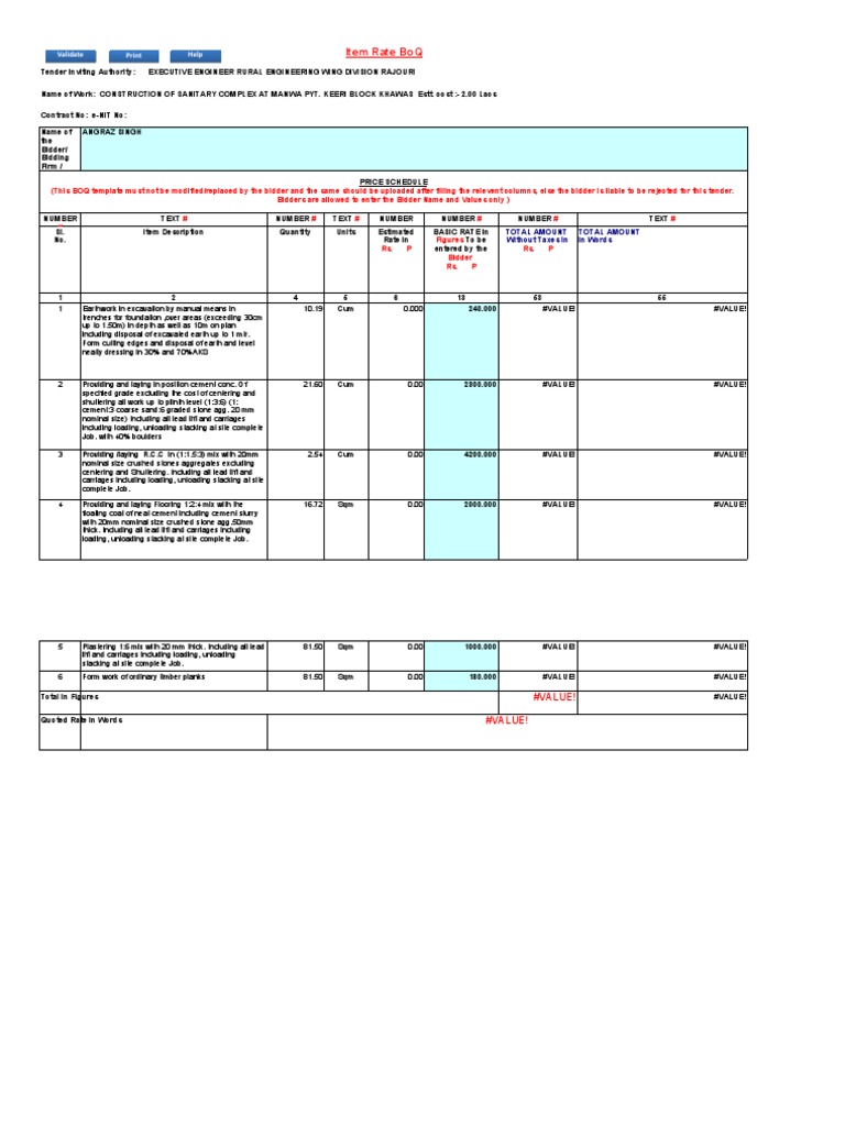 Item Rate Boq: Validate Print Help | PDF | Structural Engineering ...