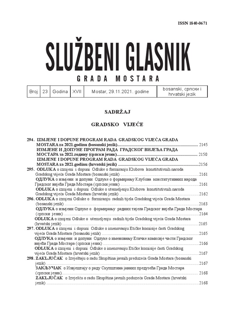 Sluzbeni Glasnik Grada Mostara Broj 23 2021 | PDF