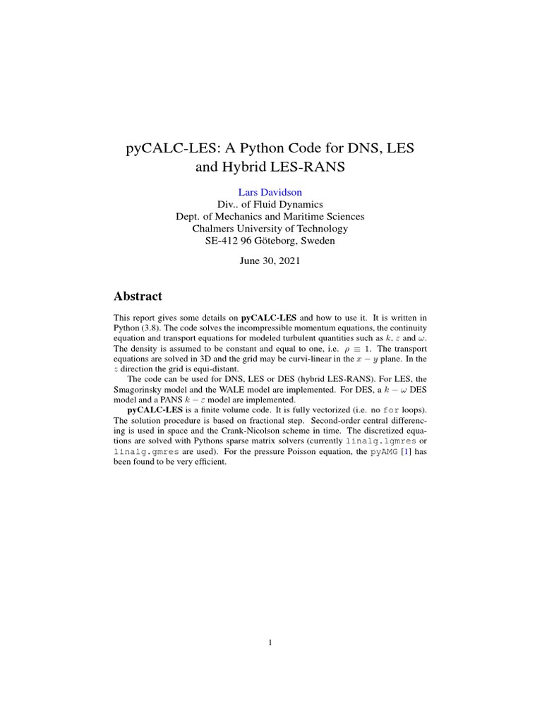 Pycalc-Les: A Python Code For DNS, Les and Hybrid Les-Rans | PDF | Equations | Navier–Stokes ...