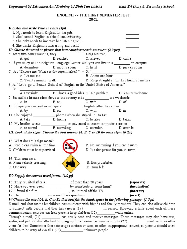 English 9 First Semester Test 20-21 | PDF | Reading Comprehension ...