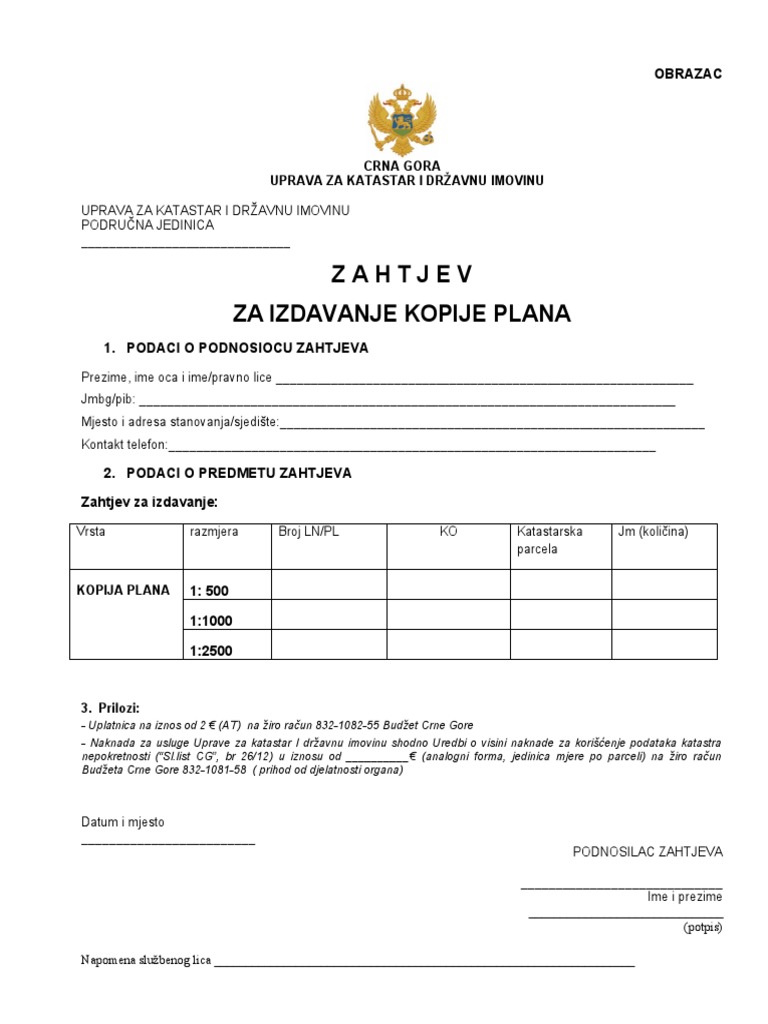 Zahjtev Za Izdavanje Kopije Plana | PDF