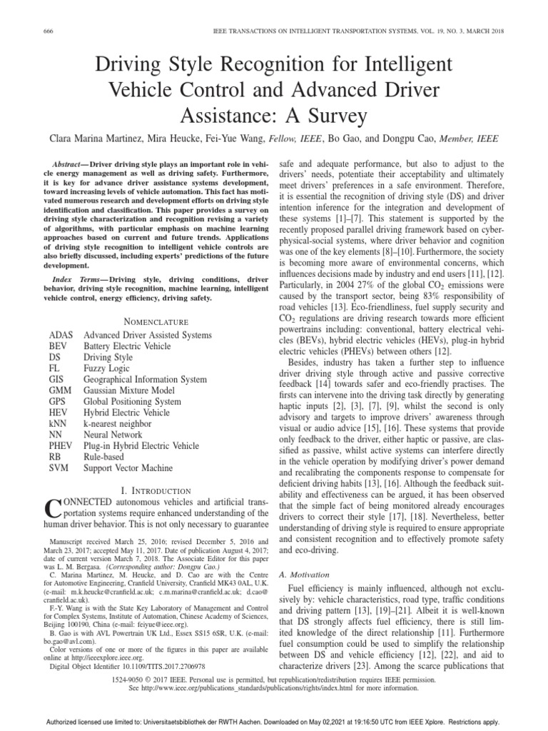Driving Style Recognition For Intelligent Vehicle Control and Adcanced Driver Assitance A Survey ...