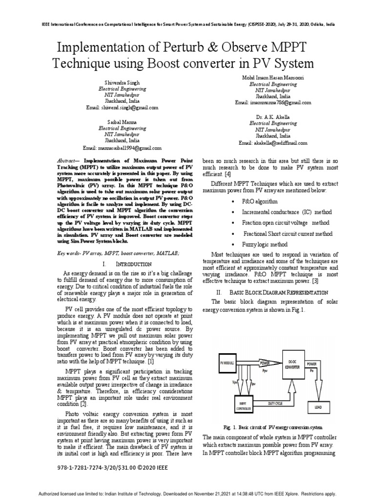 Implementation of Perturb Amp Observe MPPT Technique Using Boost Converter in PV System | PDF ...