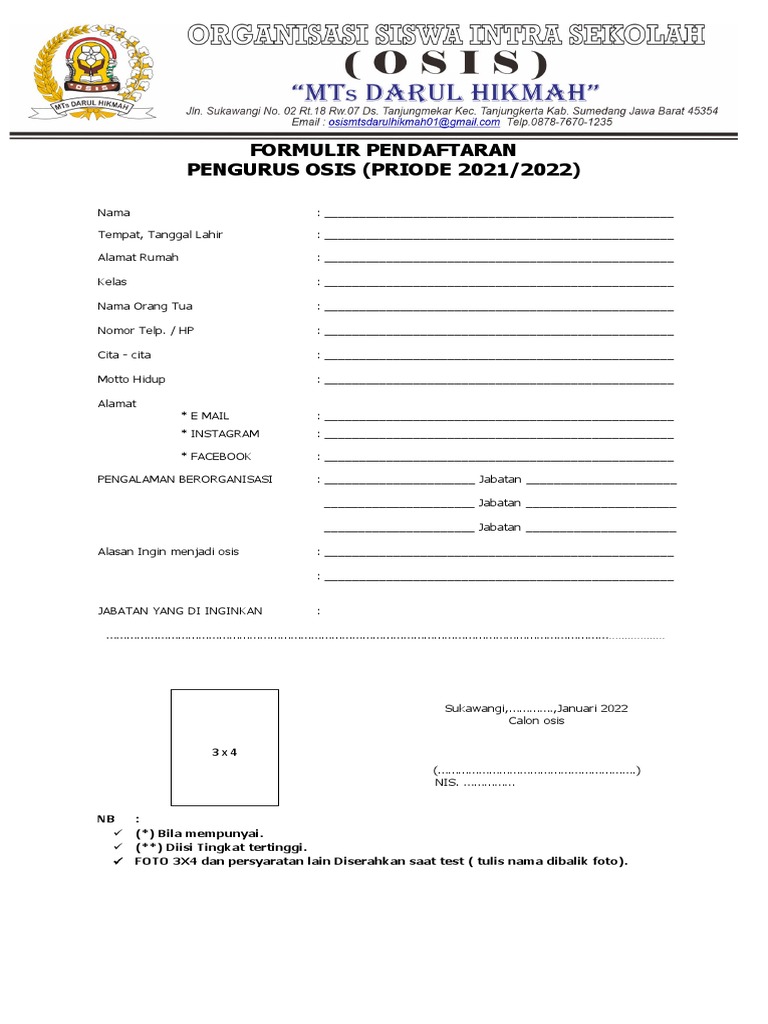 Formulir Pendaftaran Osis Baru | PDF