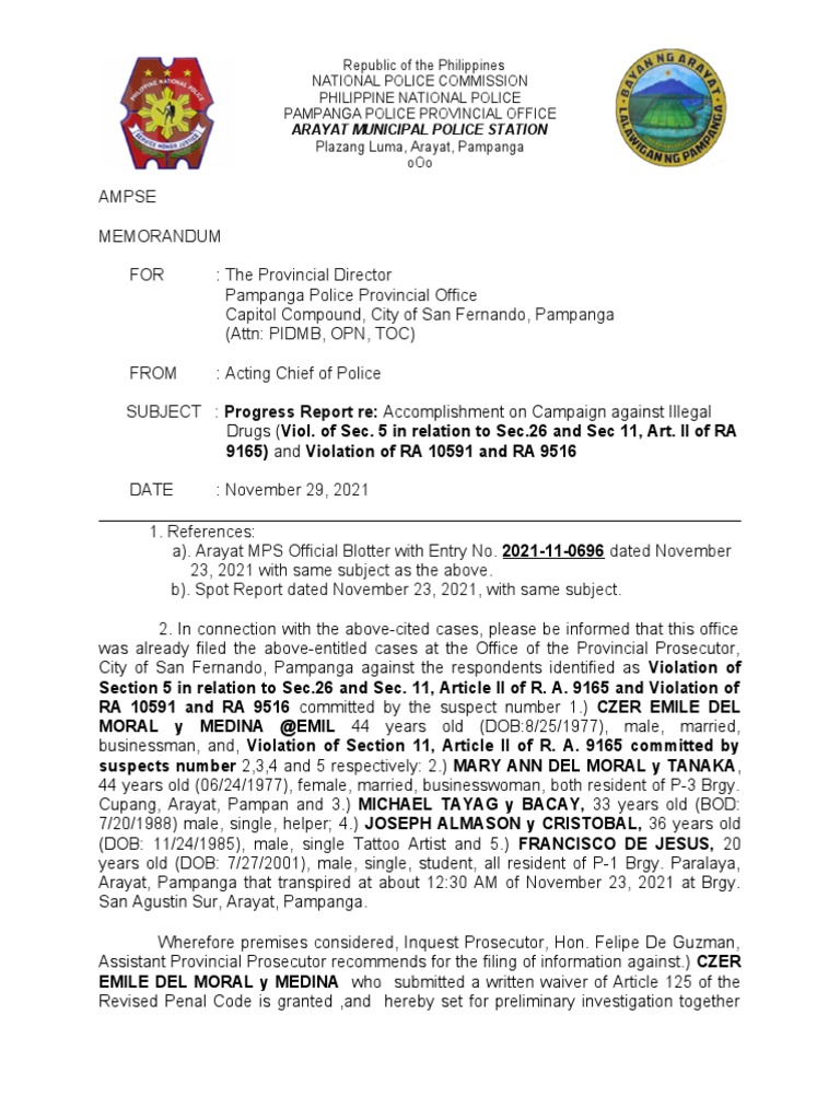 Progress Report Re - Viol. of RA 9165 and Viol. of RA 10591 | PDF ...