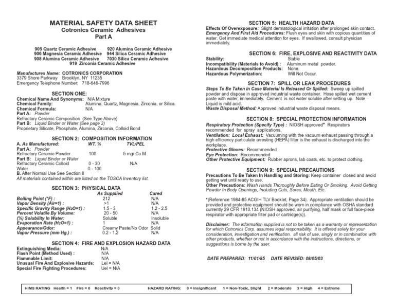 Cotronics Resbond 919 SDS | PDF | Ceramics | Silicon Dioxide