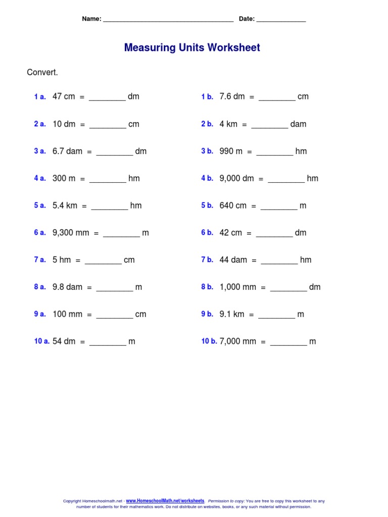 Measuring Units Worksheet: Name: - Date | PDF | Worksheet
