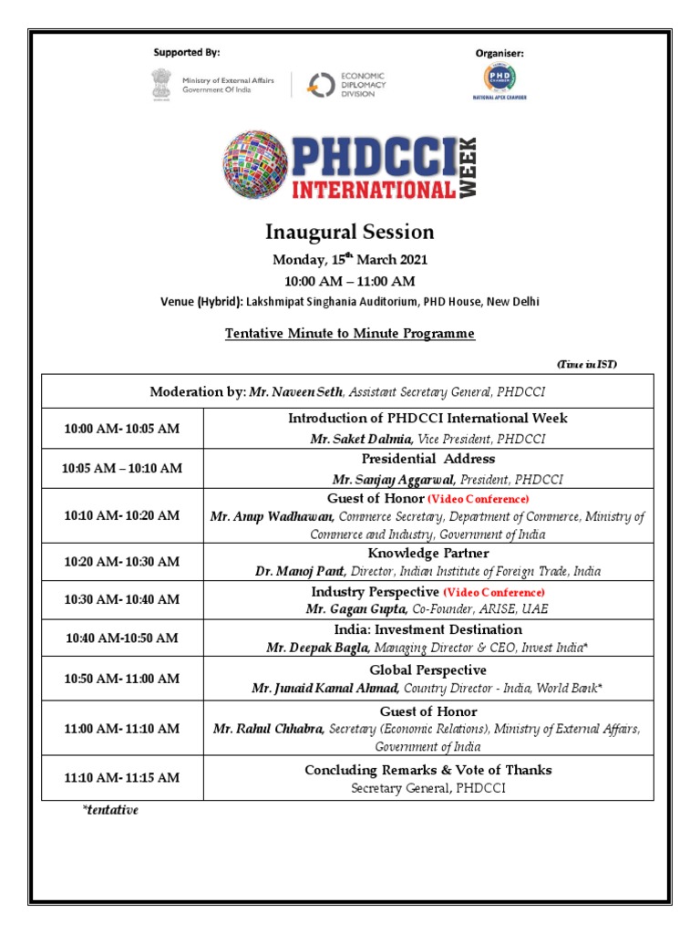 Day 1 - Inaugural Session - Minute To Minute Programme | PDF