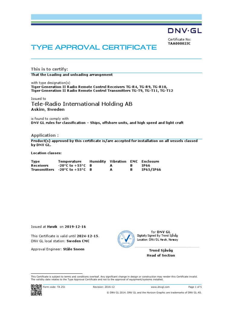 Type Approval Certificate: Tele-Radio International Holding AB | PDF ...